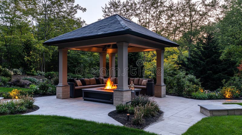 Luxury Pavilion with Stylish Seating and a Firepit in the Center ...