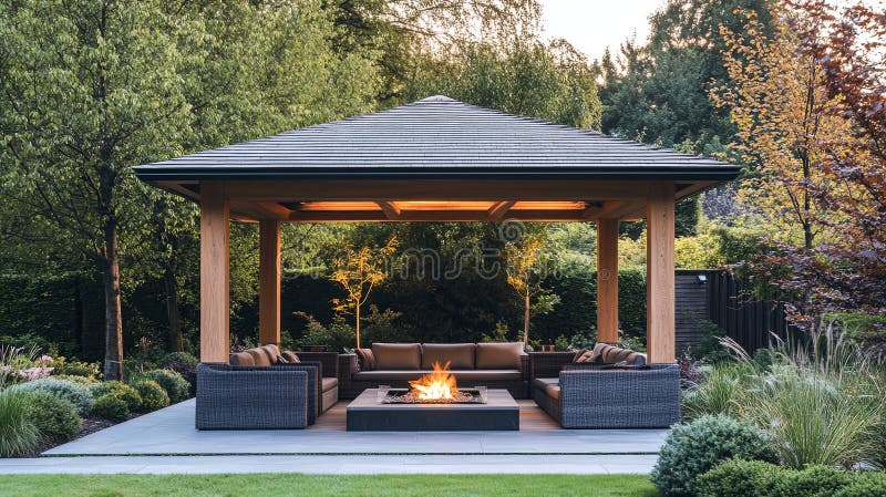 Luxury Pavilion with Stylish Seating and a Firepit in the Center ...
