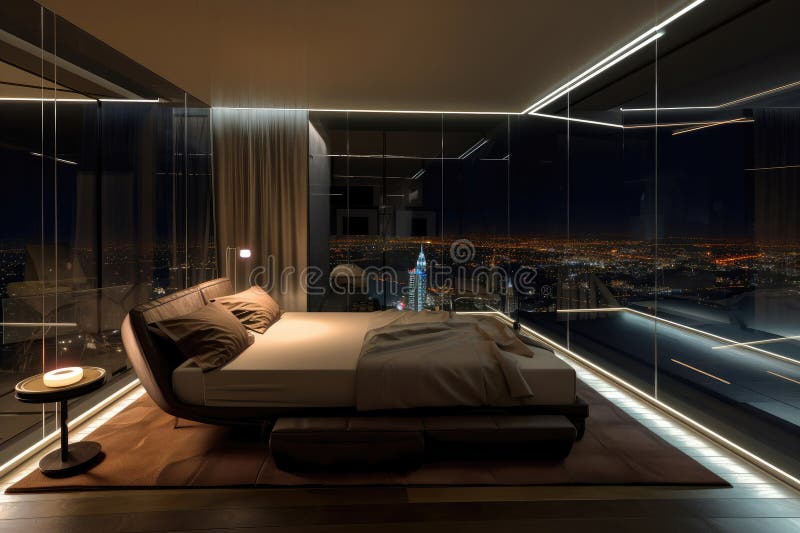 Luxury Penthouse Bedroom at Night Stock Illustration - Illustration of ...