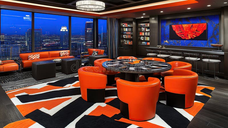 Luxury Penthouse Game Room, City View, Night Stock Image - Image of ...