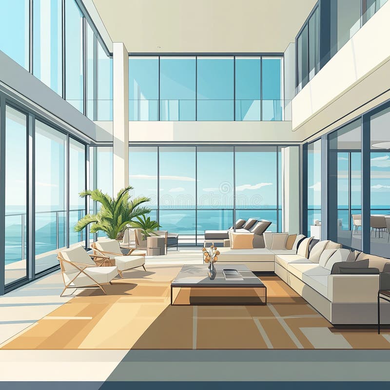 Luxury Penthouse Interior with Expansive Views Stock Illustration - Illustration of plan ...