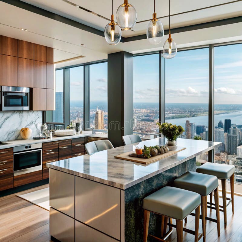 Luxury Penthouse Kitchen with a Panoramic City View and Modern Decor ...