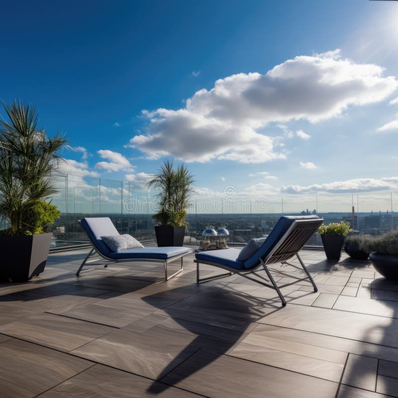 Luxury Penthouse Terrace with Deckchair and View, Created Using ...