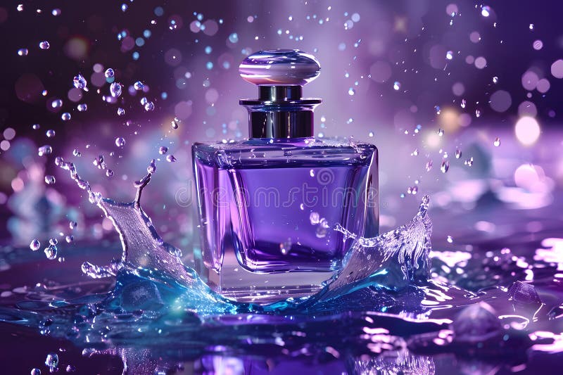 Luxury Perfume Bottle with Liquid Waves Splashes in Blue Purple Theme ...