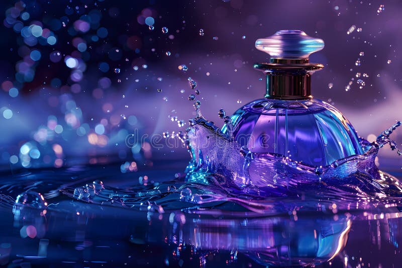 Luxury Perfume Bottle with Liquid Waves Splashes in Blue Purple Theme ...