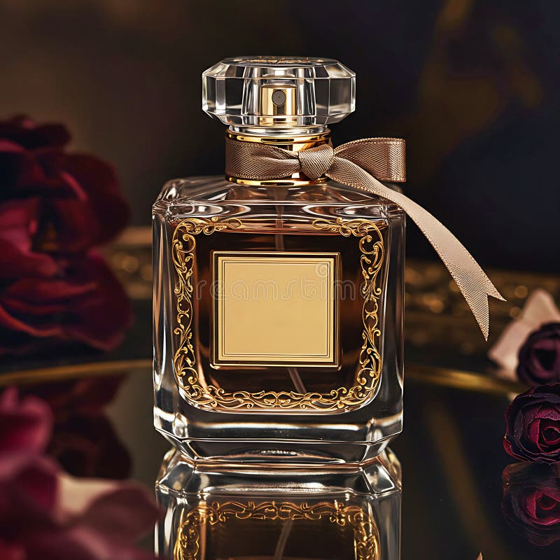 Luxury Perfume Bottle Mockup with Gold Label and Ribbon Stock ...