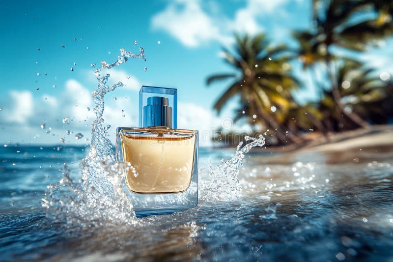 Luxury Perfume Bottle on Tropical Beach Water Splash High Quality Image ...