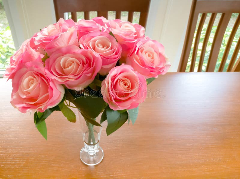 Luxury Pink Rose on the Wooden Din Table Stock Photo - Image of cutlery ...