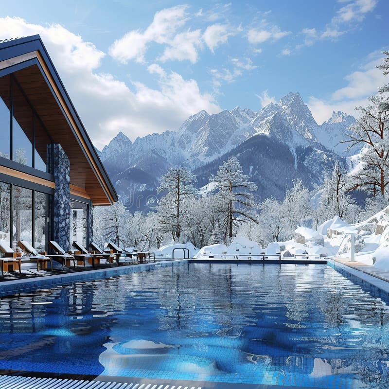 Luxury Pool at a Mountain Lodge with Snow Capped Peaks Stock ...