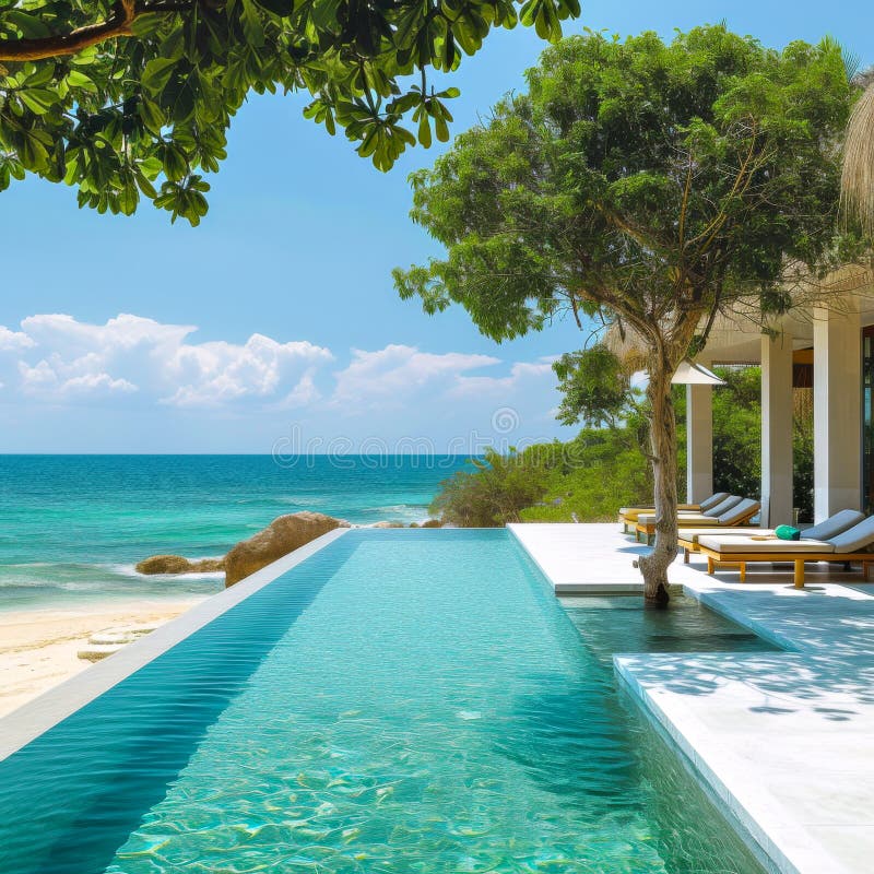 Luxury Pool Overlooking Serene Beach, Ocean View, Tropical Foliage ...