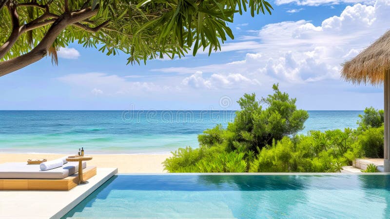 Luxury Pool Overlooking Serene Beach, Ocean View, Tropical Foliage ...