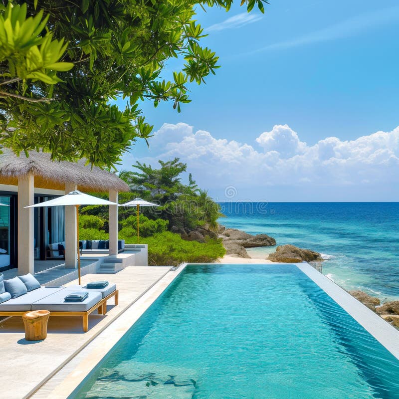 Luxury Pool Overlooking Serene Beach, Ocean View, Tropical Foliage ...