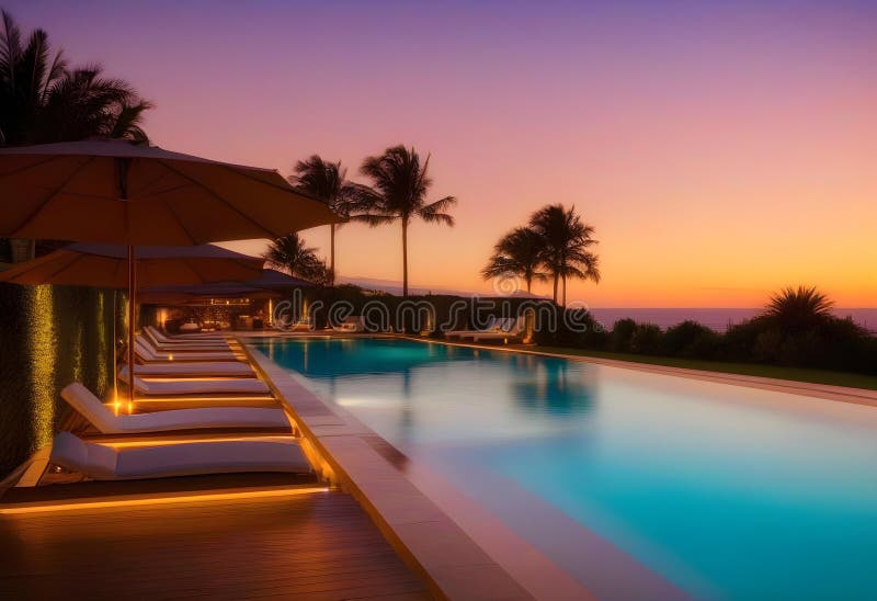 A luxury pool at sunset stock illustration. Illustration of mykonos ...