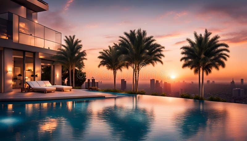 Luxury Pool and Beautiful View of Sea at Sunset . Stock Illustration ...