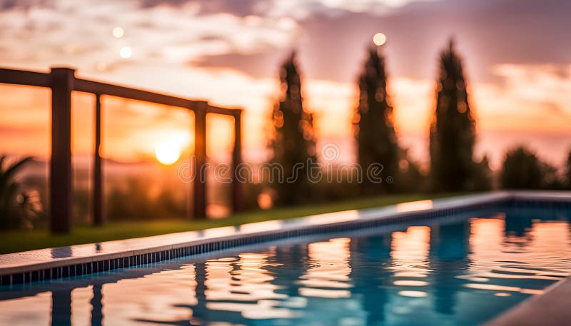 Luxury Pool and Beautiful View of Sea at Sunset . Stock Illustration ...