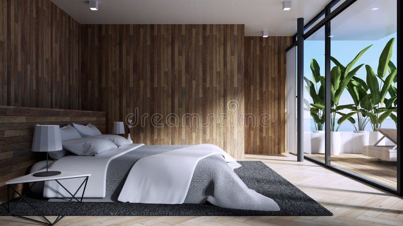 Luxury Pool Villa Bedroom Sea View on Beach - 3D Rendering Stock ...