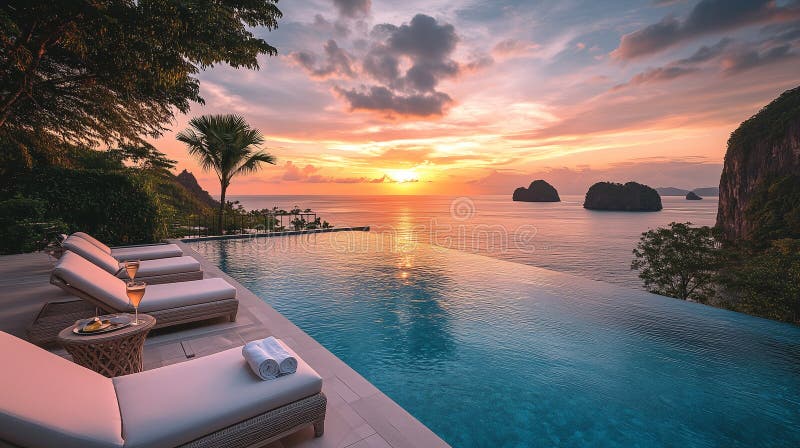283 Luxury Poolside Infinity Pool Tropical Ocean Sunset View Stock ...
