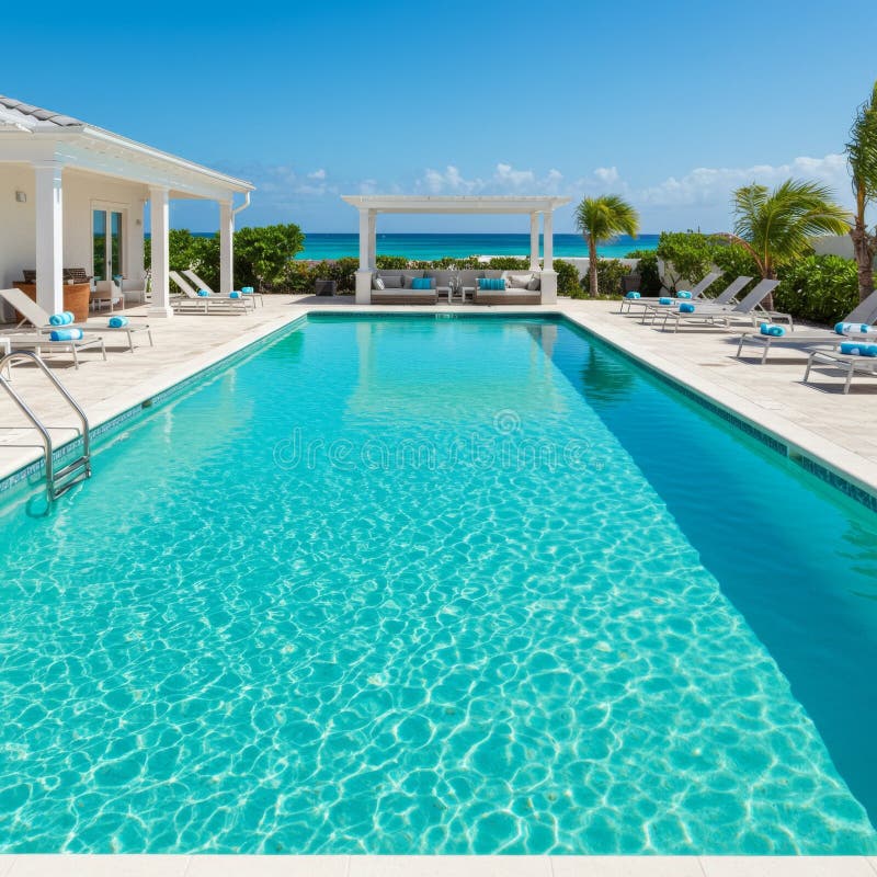 Luxury Poolside Paradise: Turquoise Water, White Villa, and Ocean View ...