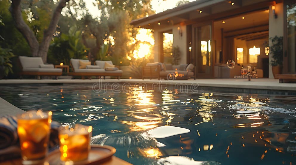 A Luxury Poolside Scene with Comfortable Seating and Drinks ...