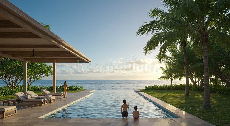 Luxury Poolside Vacation with Ocean View Palm Trees and Children ...