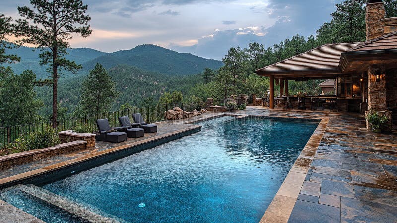 Luxury Poolside View with Mountain Backdrop, Lounge Chairs, and Stone ...