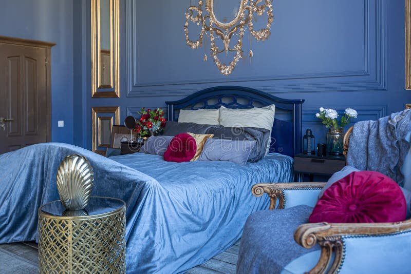 Luxury Posh Bed Room Interior in Stock Photo - Image of high, dark ...