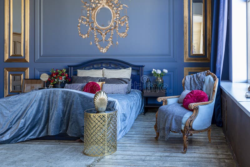 Luxury Posh Bed Room Interior in Stock Photo - Image of high, dark ...