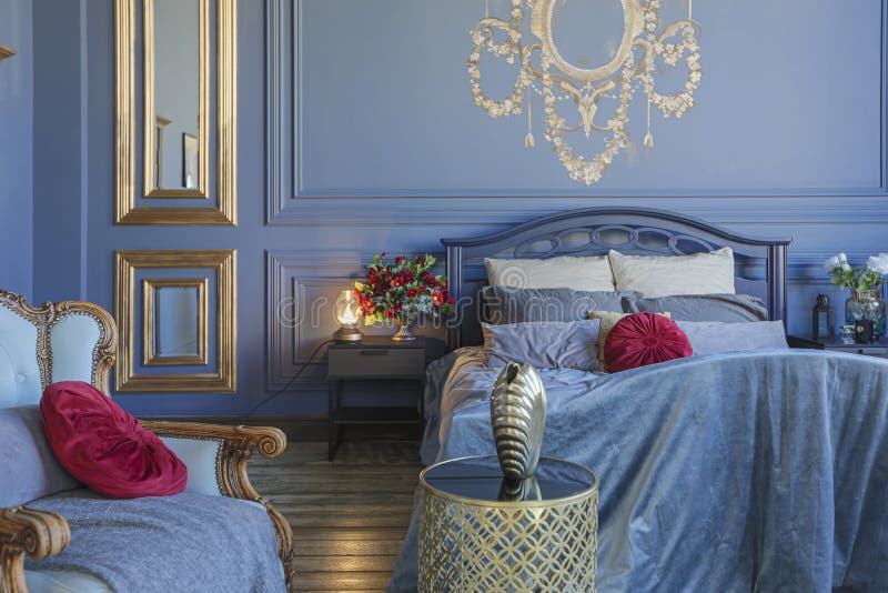 Luxury Posh Bed Room Interior in Stock Photo - Image of blue ...