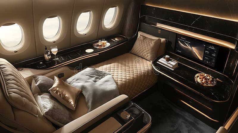 Luxury Private Jet Cabin Interior with a Comfortable Bed, Black Marble ...