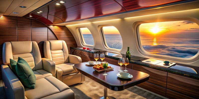 Luxury Private Jet Cabin Interior at Sunset Over Ocean. Generative AI ...