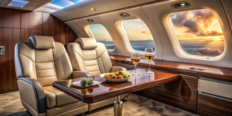 Luxury Private Jet Cabin Interior with Sunset View. Generative AI Stock ...