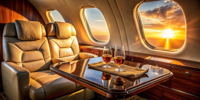 Luxury Private Jet Cabin Sunset View with Drinks. Generative AI Stock ...