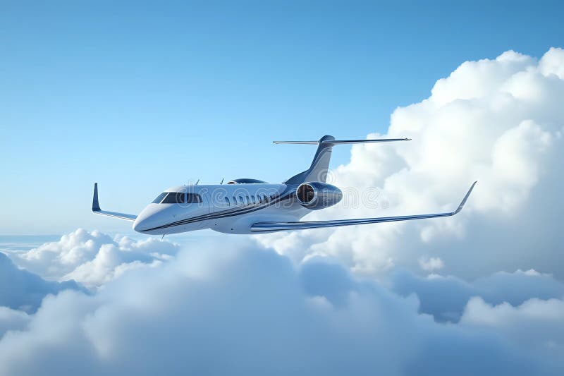 Luxury Private Jet at Flying Under Blue Sky with Clouds. Copy Space for ...