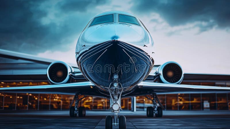 Luxury Private Jet, Front View, on Runway during Dramatic Cloudy Sunset ...