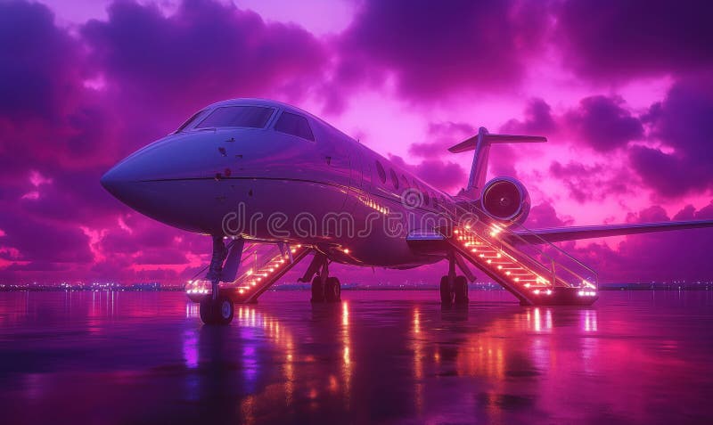 Luxury Private Jet Illuminated at Sunset with Vibrant Purple Sky and ...
