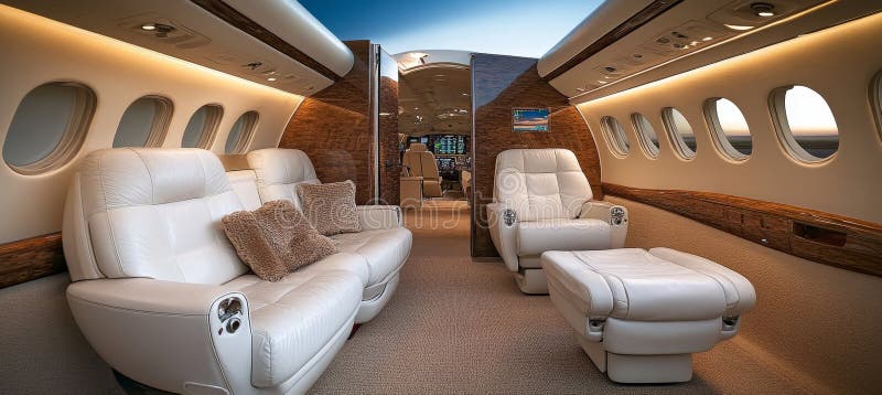 Luxury Private Jet Interior with Comfortable Seats, Panoramic Windows ...