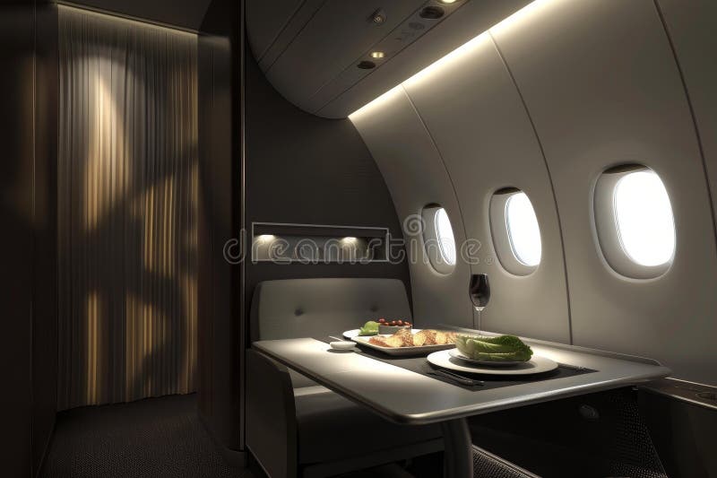 Luxury Private Jet Interior with Dinner Table and Large Windows Stock ...