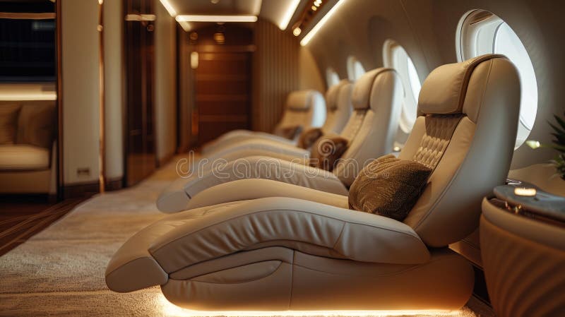 Luxury Private Jet Interior with Plush Seating and Ambient Lighting ...