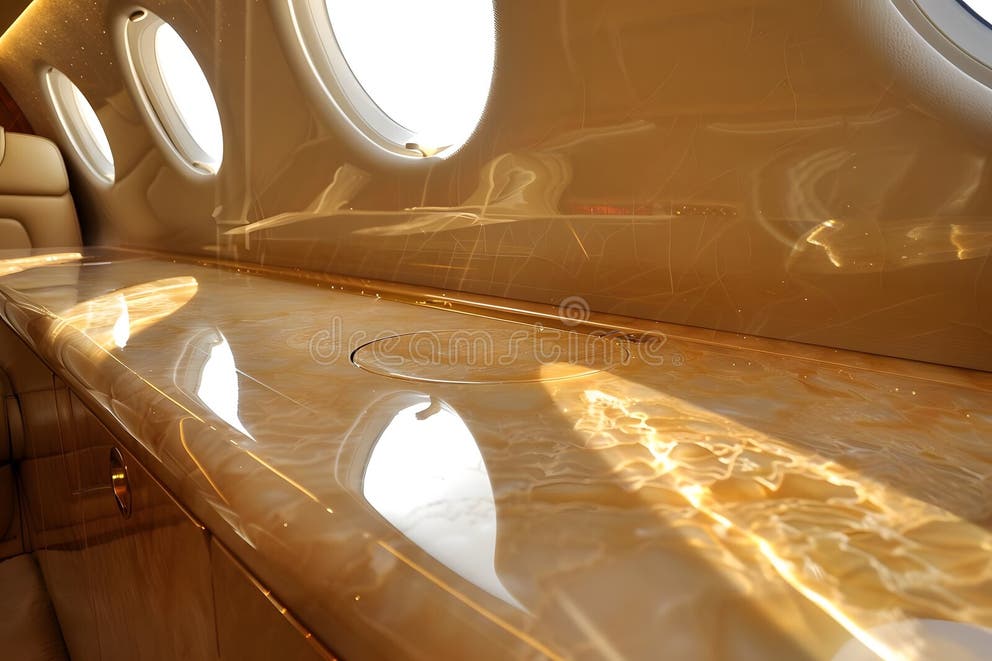 Luxury Private Jet Interior, Polished Onyx Table Surface Reflects ...