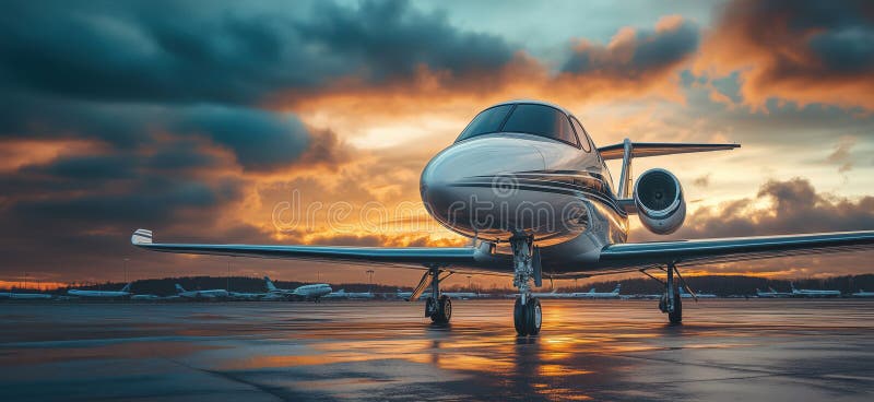 Luxury Private Jet on Runway during Stunning Sunset with Dramatic ...