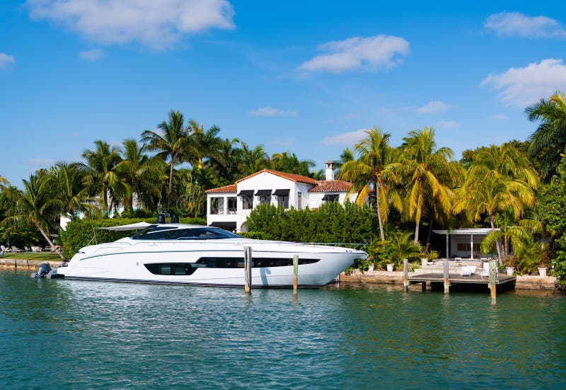Luxury Private Yacht in Miami Bay with Palm Trees Stock Photo - Image ...