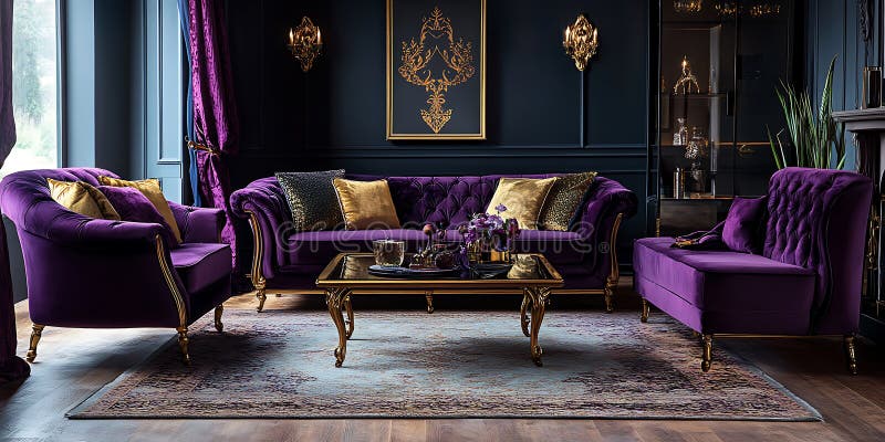 Luxury Purple Velvet Sofa Set Interior Design Image Stock Illustration ...