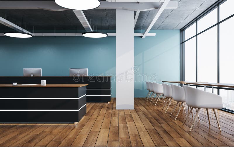 Luxury Reception Table with Computers on Loft Interior with City View ...