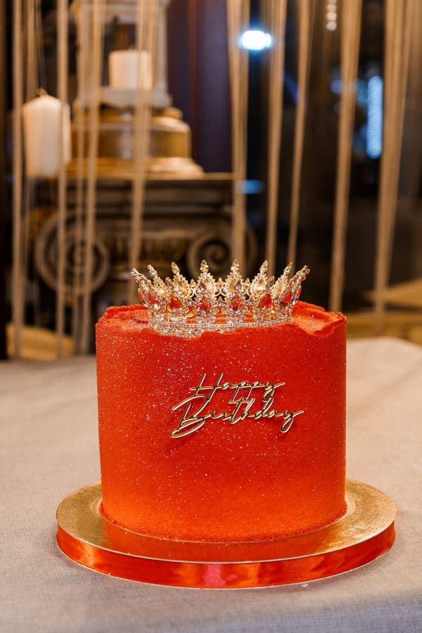 Luxury Red Birthday Cake with Crown Decoration Stock Photo - Image of ...