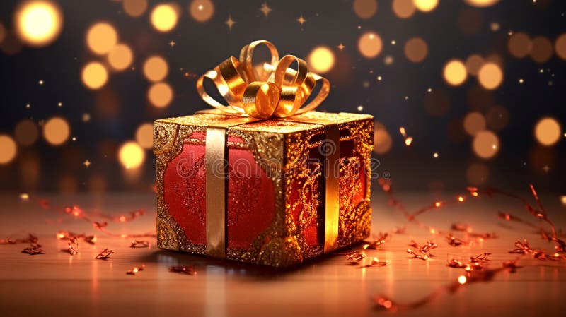 Luxury Red Box Golden Tape Present with Glitter Background Stock ...