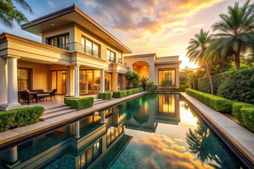 Luxury Residence Sunset Poolside View Featuring Tranquil Landscaping ...