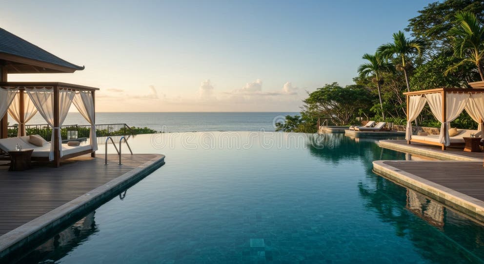 Luxury Resort Infinity Pool Overlooking Ocean at Sunset Stock ...