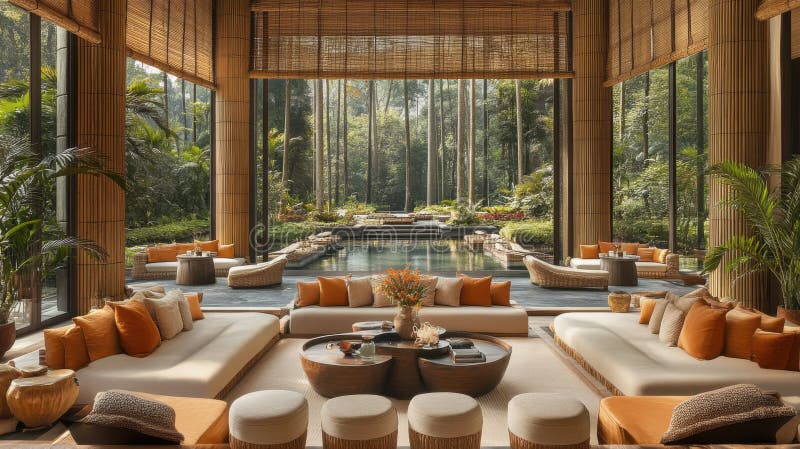 Luxury Resort Lobby with Tropical Forest View Stock Photo - Image of ...
