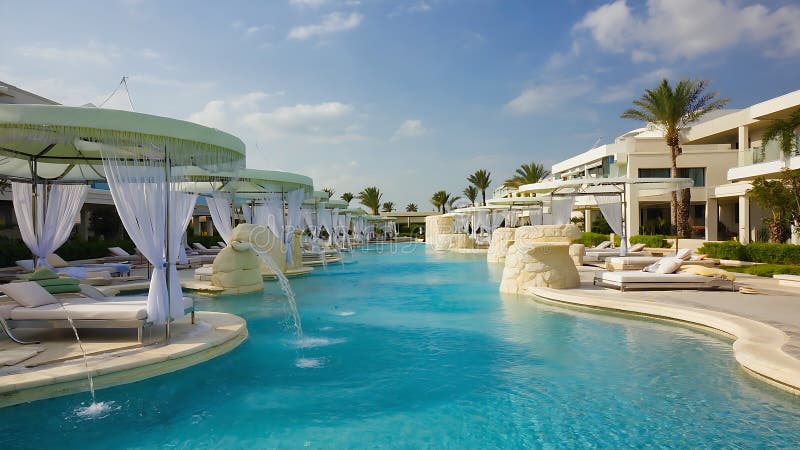 Luxury Resort Pool with Cabanas and Water Features Stock Image - Image ...