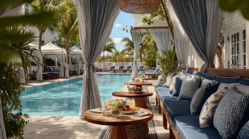 Luxury Resort Poolside Cabana with Blue and White Decor Stock ...